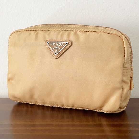 Prada | Bags | Prada Beige Nylon Triangle Logo Medium Zip Cosmetic ...
